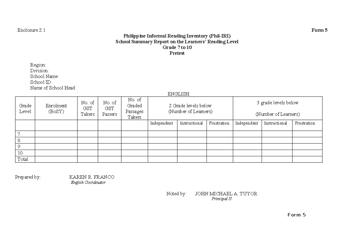 Encl. 2.1 Phil-IRI Form 5 Gr 7-10 - Enclosure 2 Form 5 Philippine ...