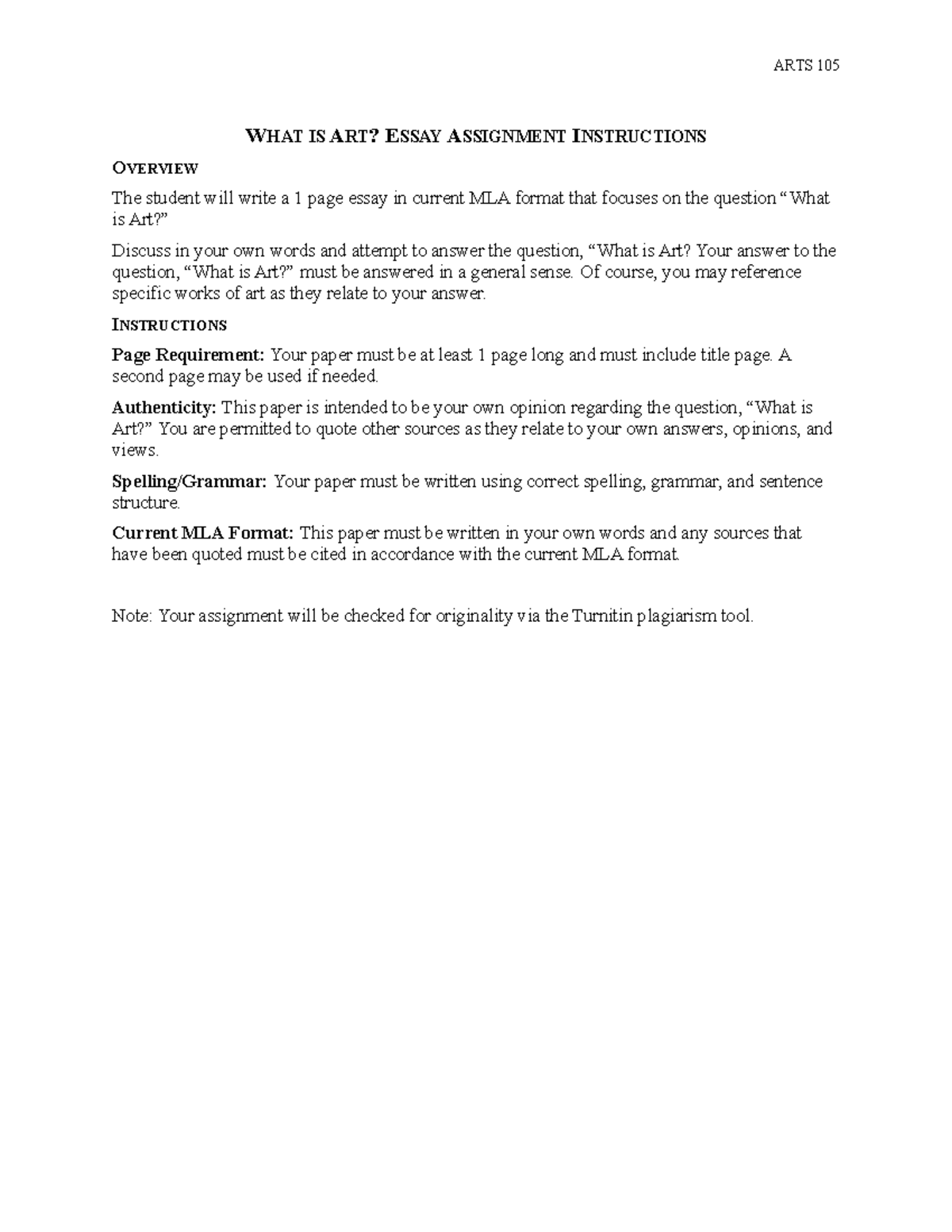ARTS 105: What is Art? Essay Assignment Instructions and Guidelines ...