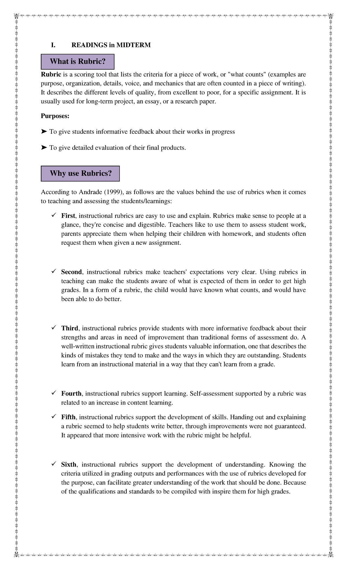 Midterm Readings on Rubrics and Performance-Based Assessment (BSED 3 ...