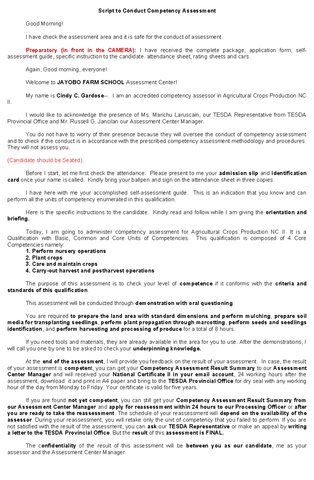 Competency Assessment Script for Agricultural Crops Production NC II - Studocu