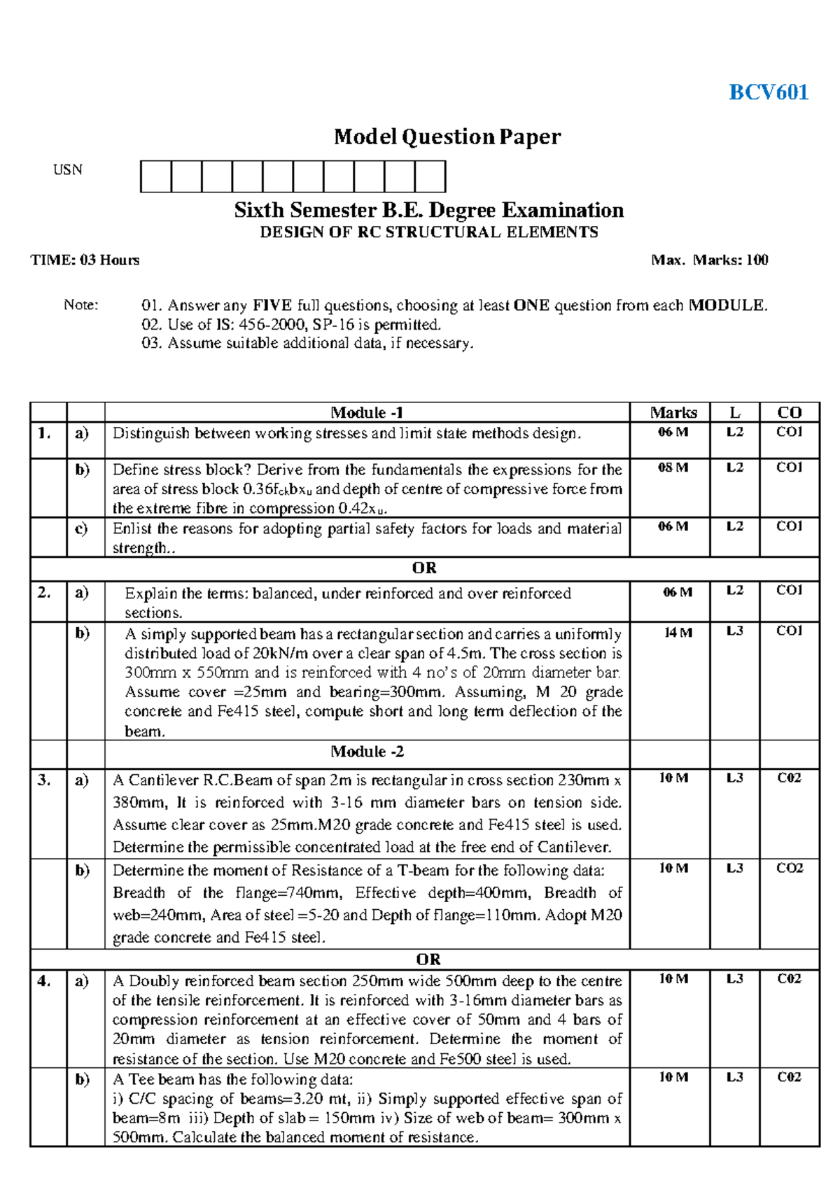 BCV601 Model Question Paper: Design of RC Structural Elements - Studocu