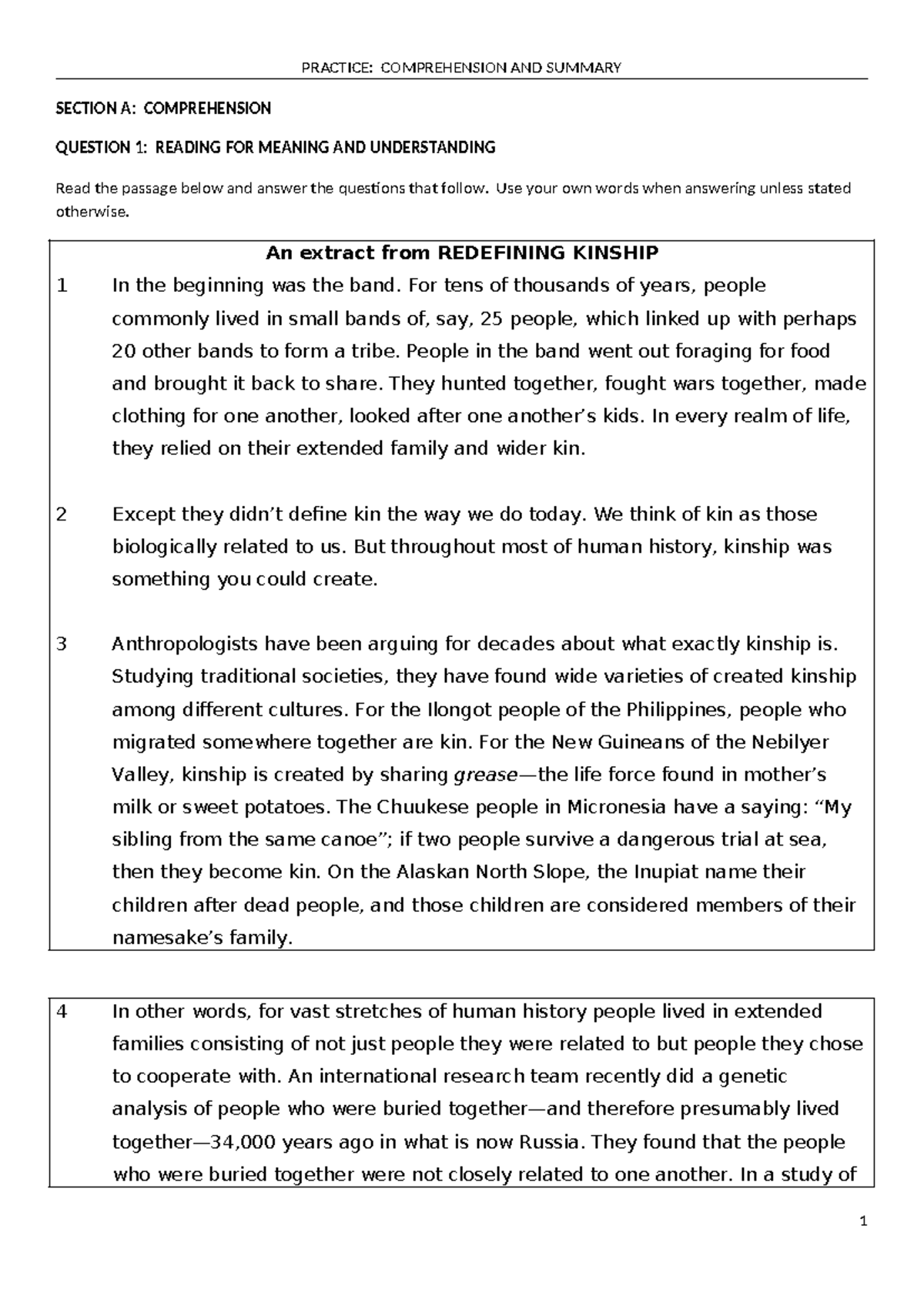 Comprehension and Summary Practice Questions for 12HL Students - Studocu