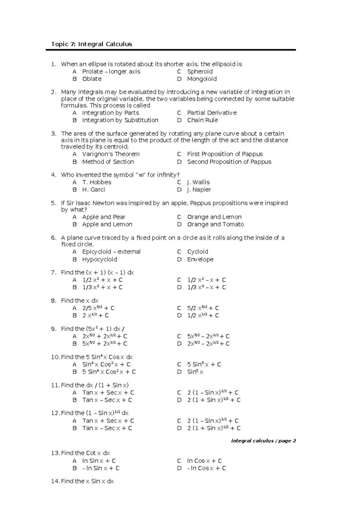 Integral Calculus 1: Exam Questions and Solutions - Studocu