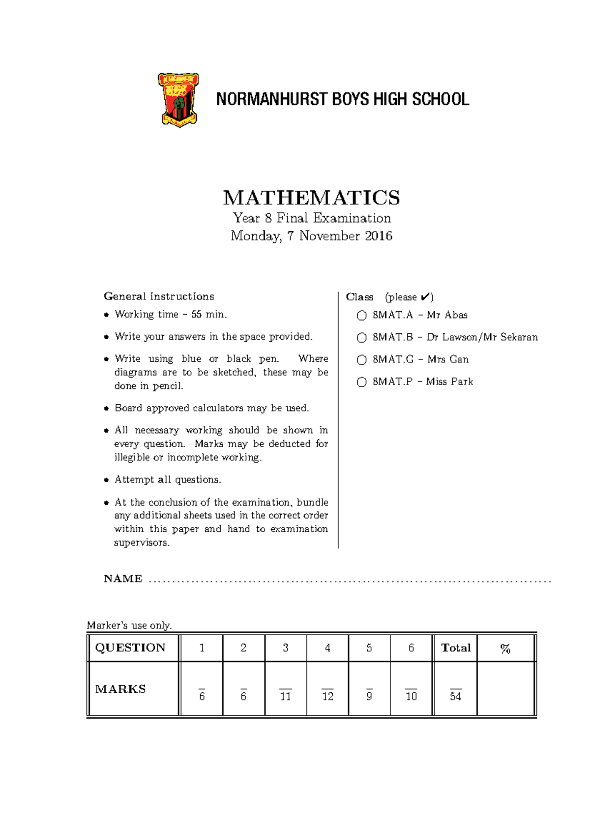 NORMANHURST BOYS HIGH SCHOOL Year 8 Mathematics Final Exam Solutions ...