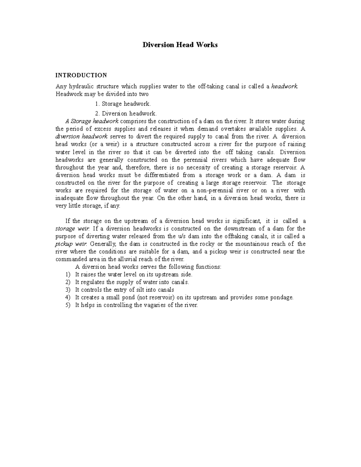 Diversion Works - INTRODUCTION Diversion Head Works Any hydraulic ...