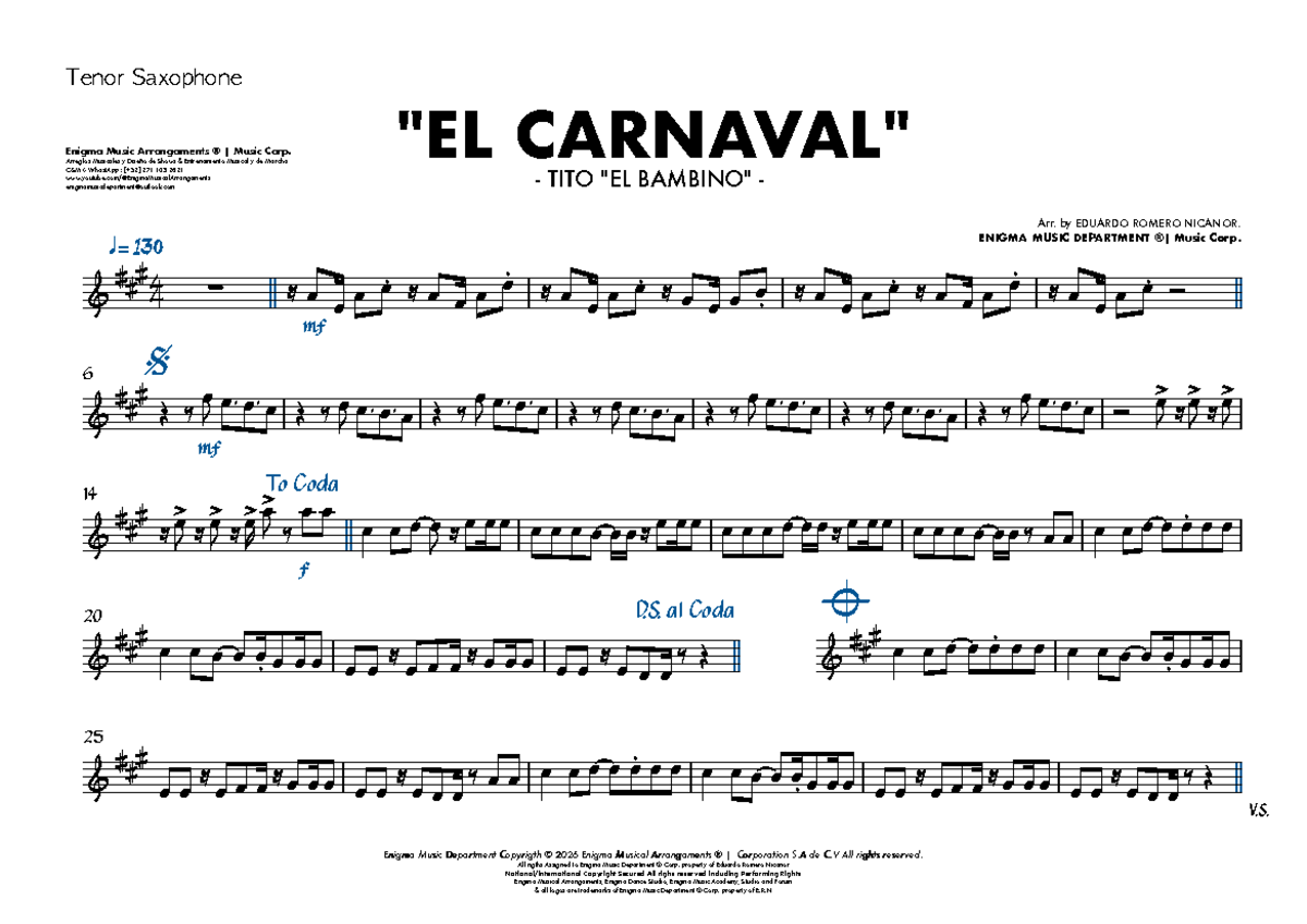 El Carnaval - Tenor Saxophone Arrangements - Enigma Music Corp. - Studocu