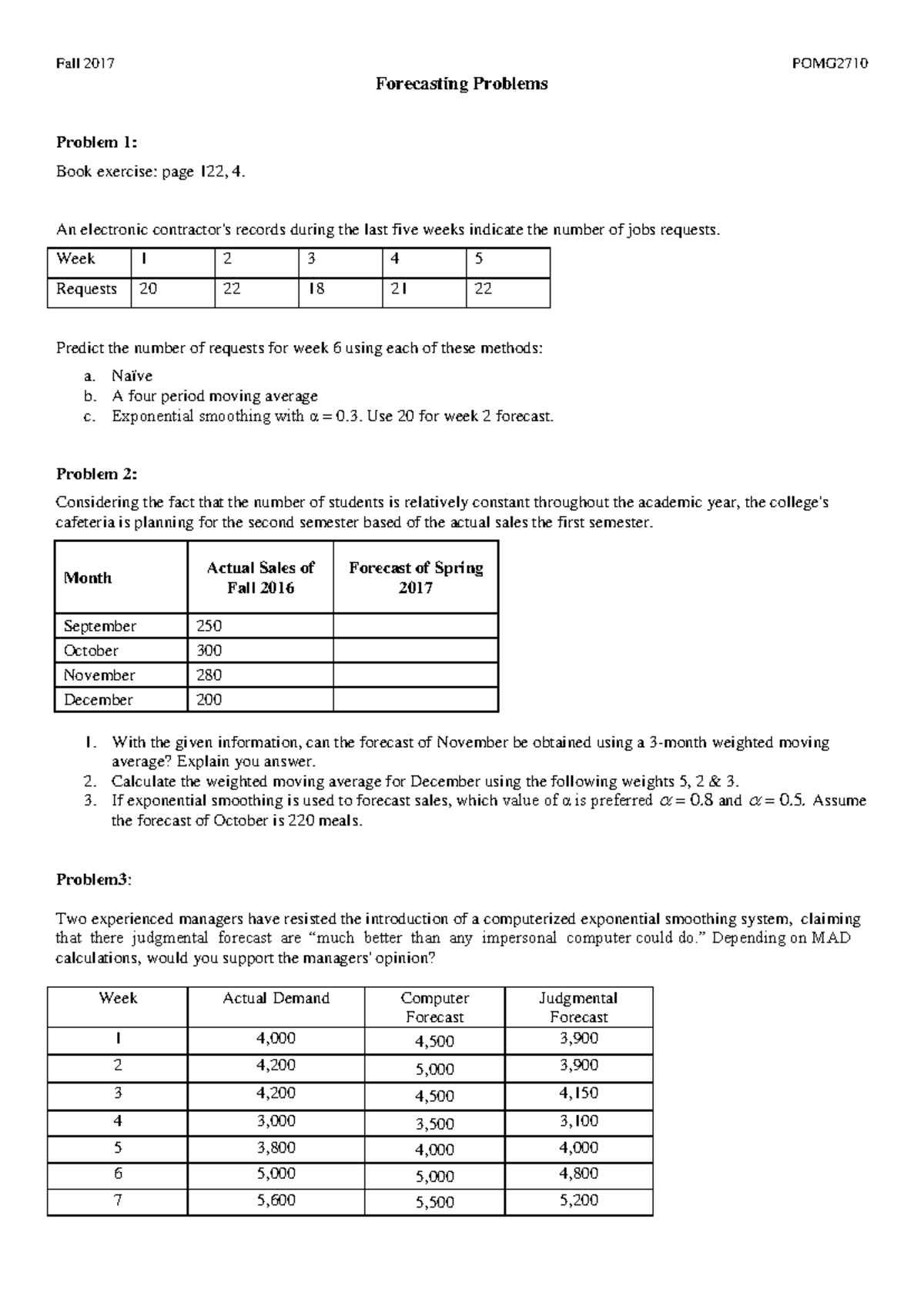 Fall 2017 POMG2710 Forecasting Problems: Exercises & Solutions - Studocu