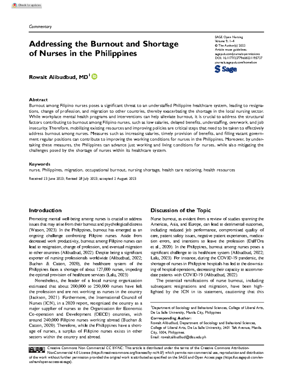 Alibudbud 2023 addressing the burnout and shortage of nurses in the ...