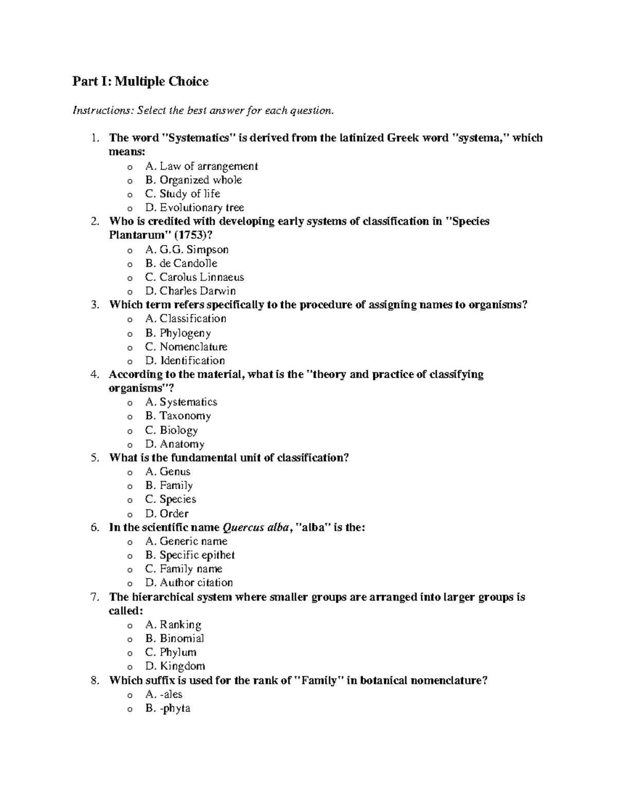 Intro to Systematics: MCQs & True/False Questions - Studocu