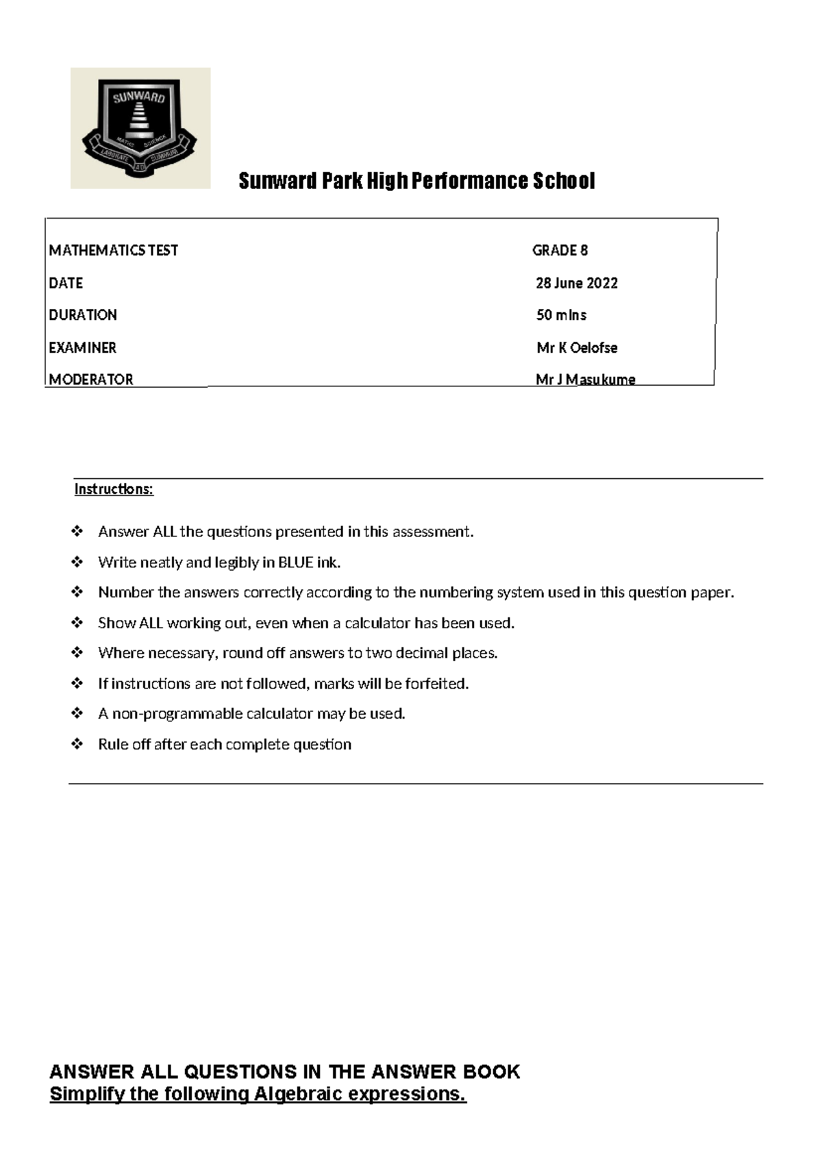 Grade 8 Math June 2022 Exam Questions and Solutions - Studocu