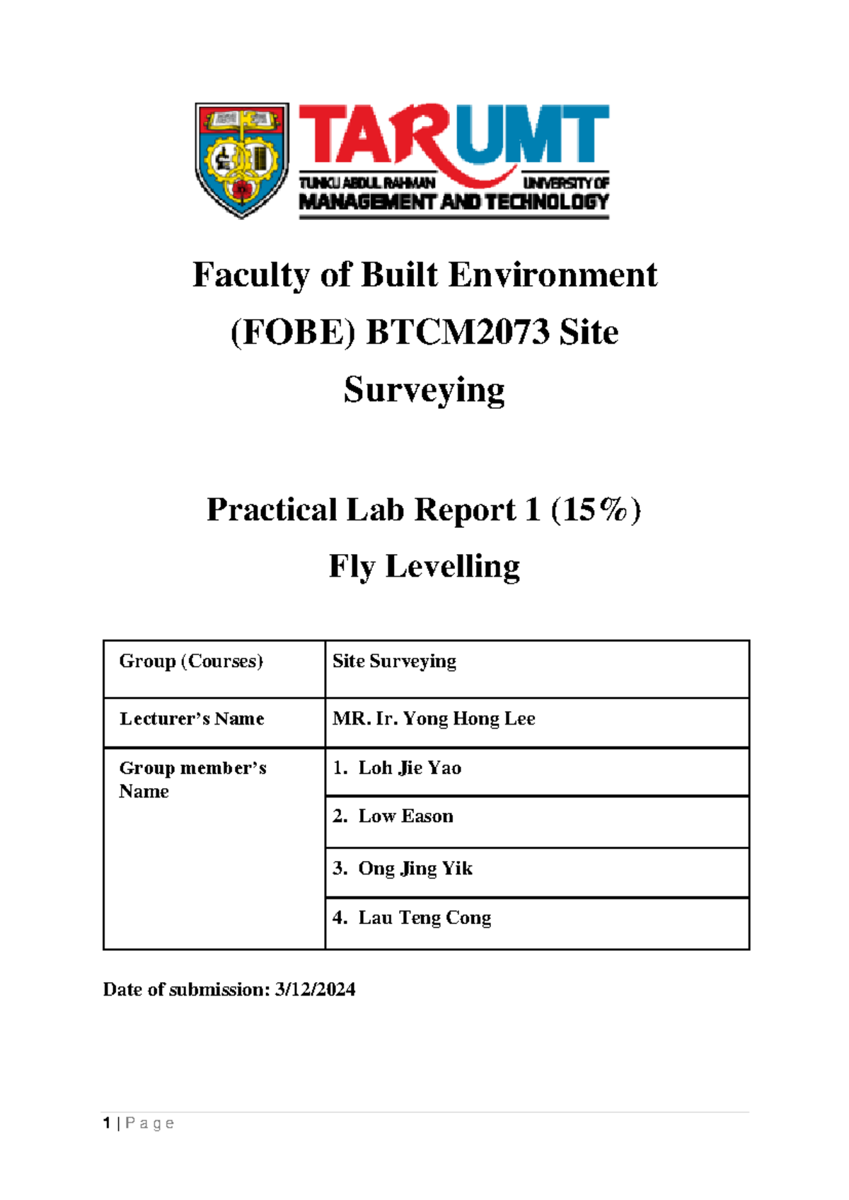 BTCM2073 Site Surveying Practical Lab Report 1: Fly Leveling Analysis ...