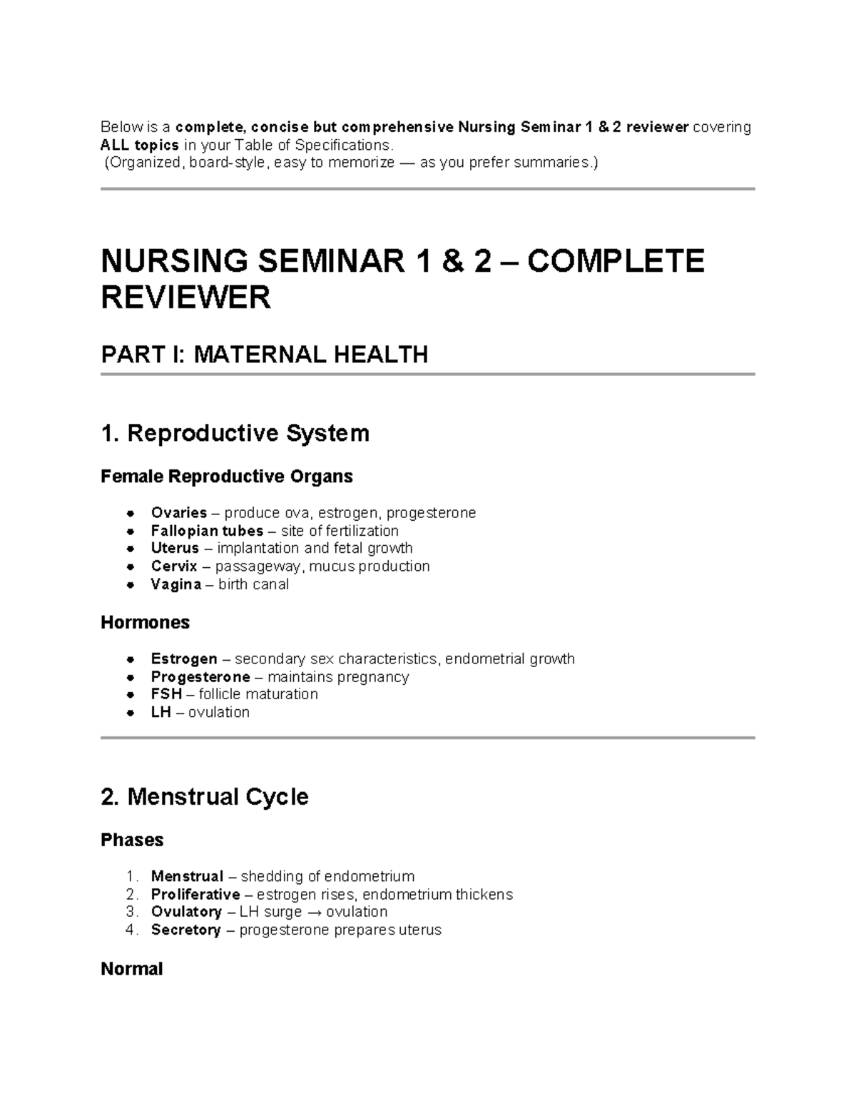 NURSING SEMINAR 1 2 COMPLETE REVIEWER: MATERNAL & CHILD HEALTH - Studocu