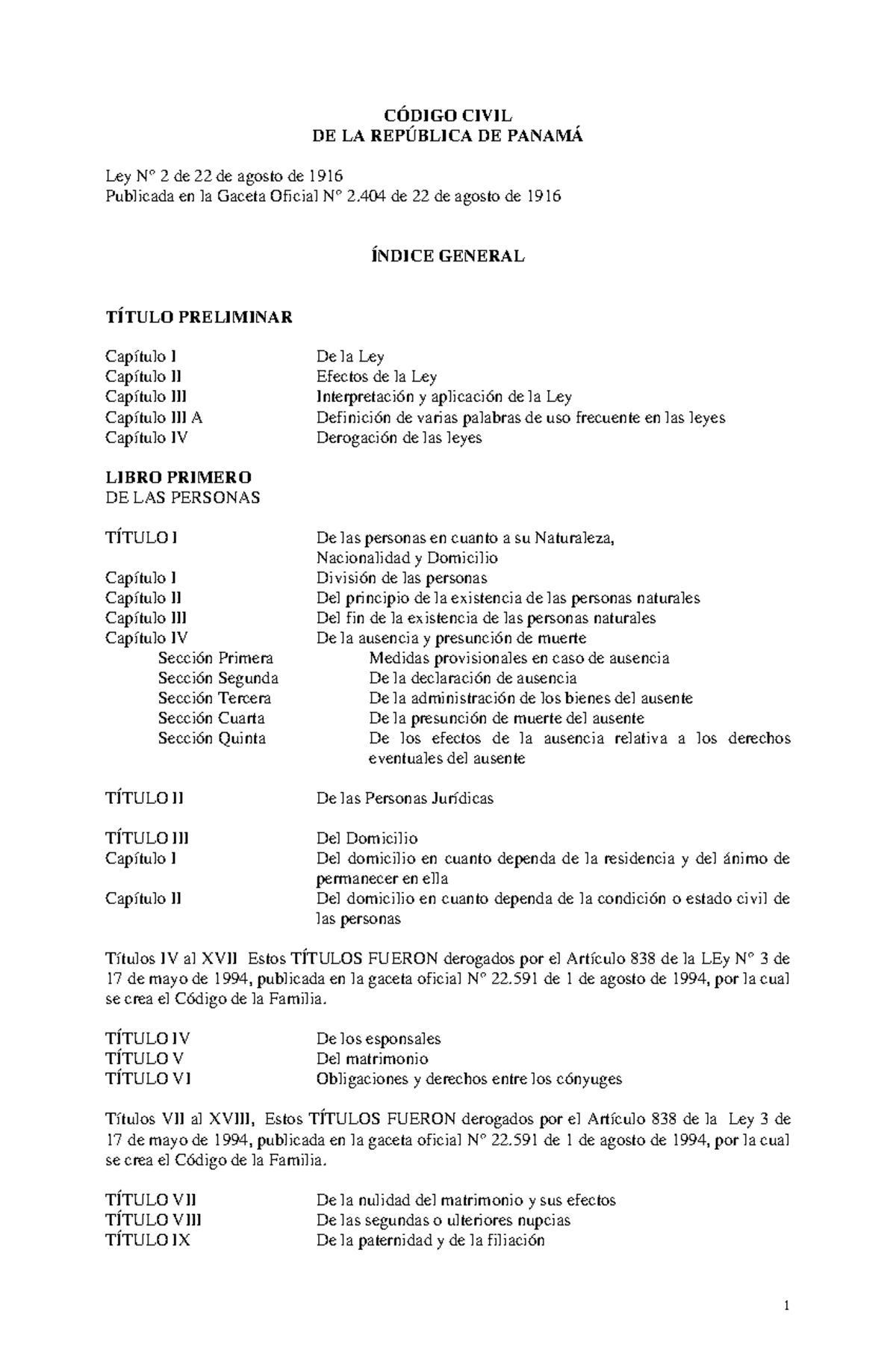 Código Civil de Panamá: Leyes y Disposiciones Generales (Leyes) - Studocu