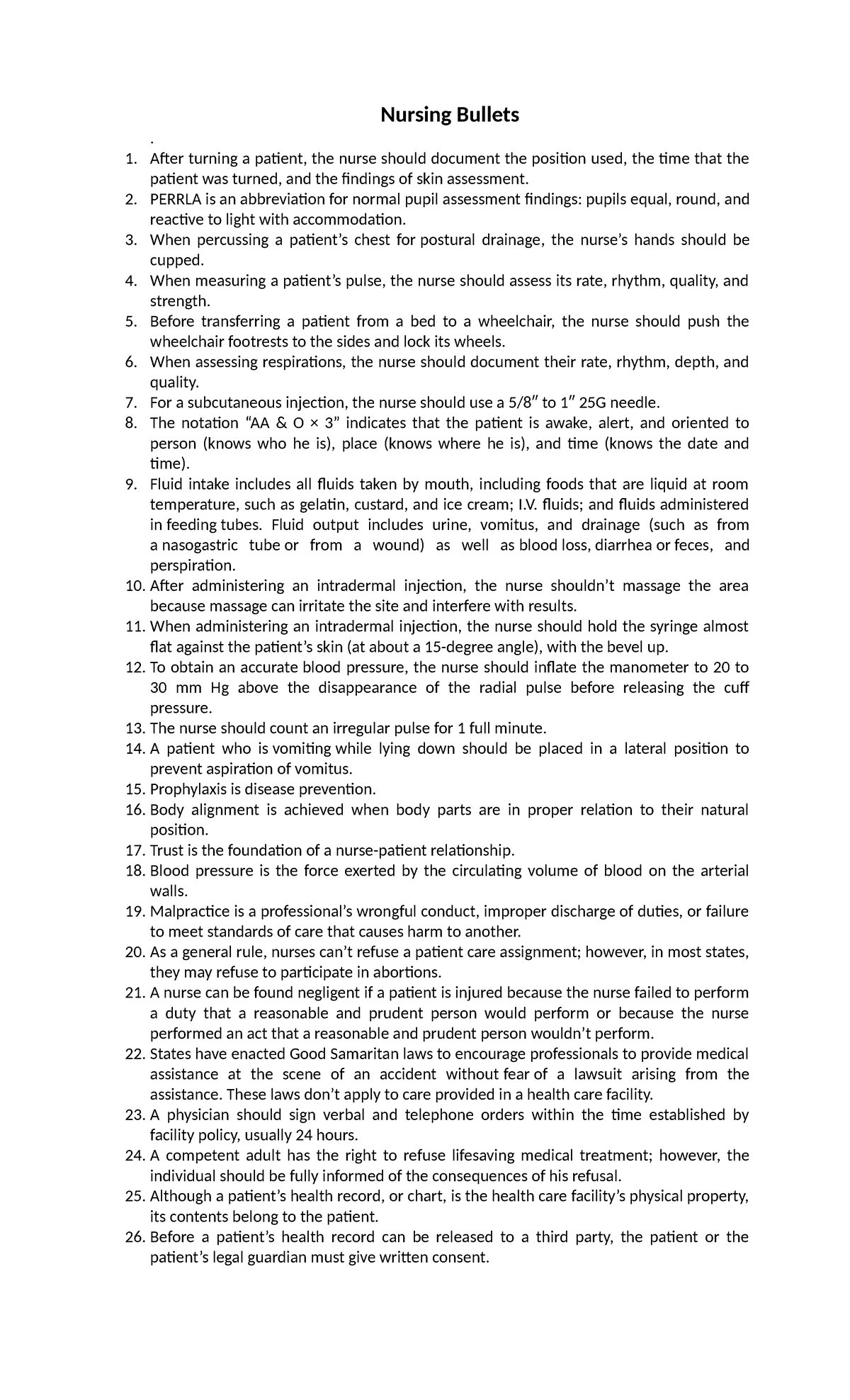 Nursing Bullets - After turning a patient, the nurse should document ...