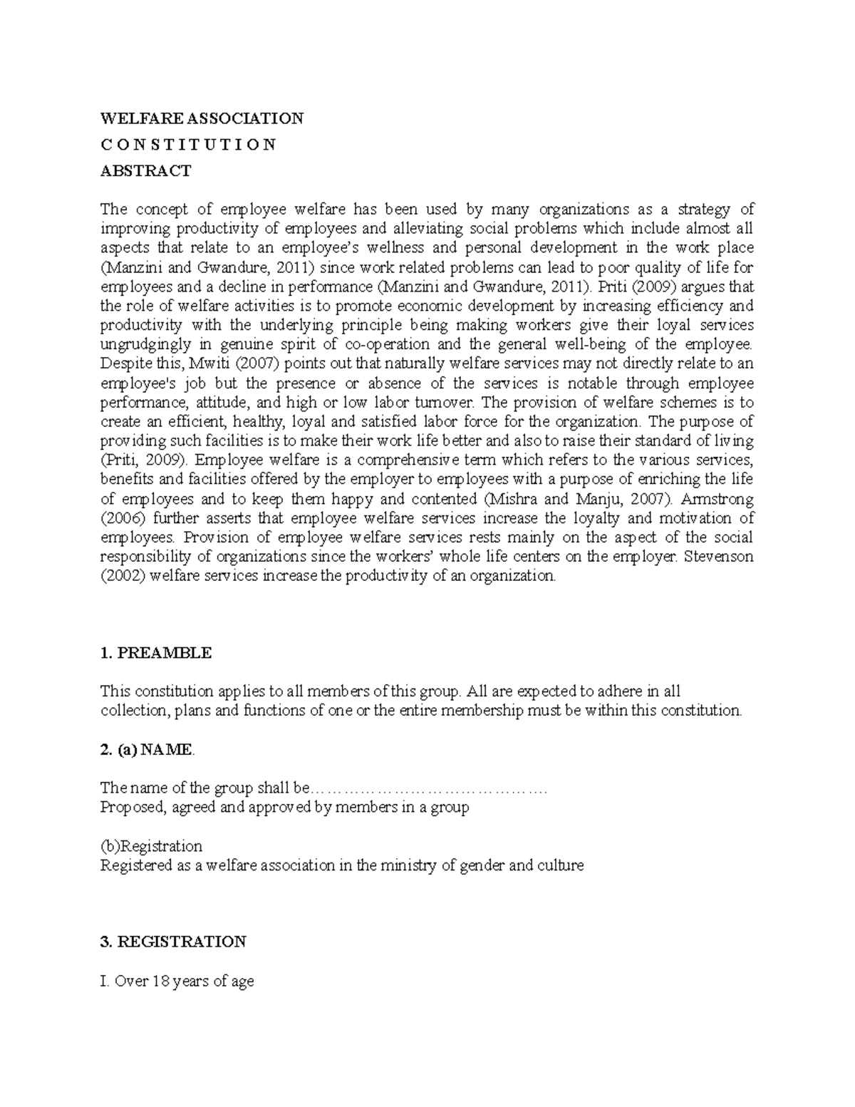 Constitution OF A Welfare Association - WELFARE ASSOCIATION C O N S T I ...