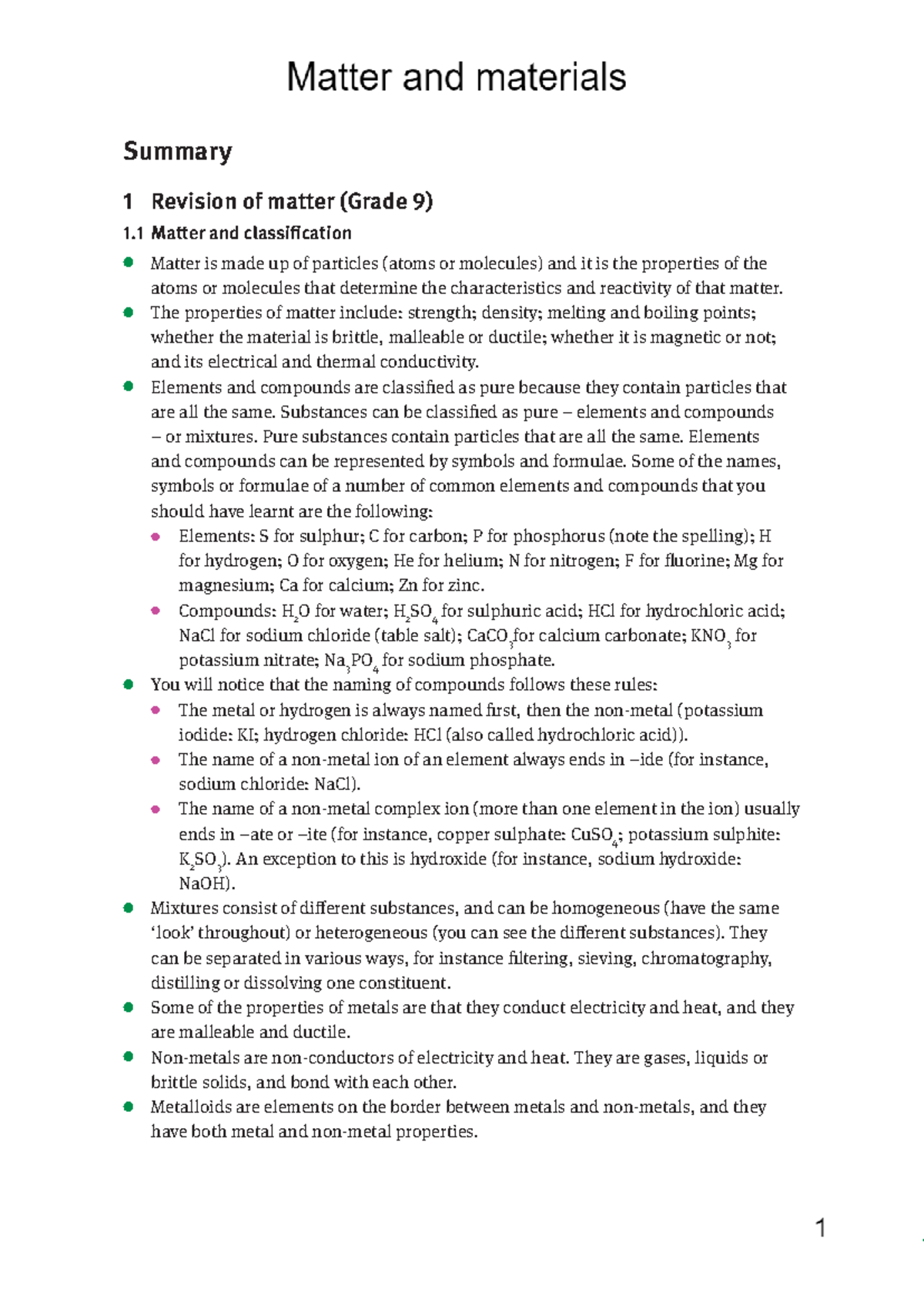 Matter and materials grade 10 - Summary 1 Revision of matter (Grade 9 ...