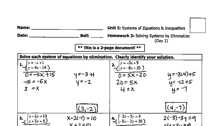 Unit 5: Systems of Equations & Inequalities HW 3 Key - Studocu