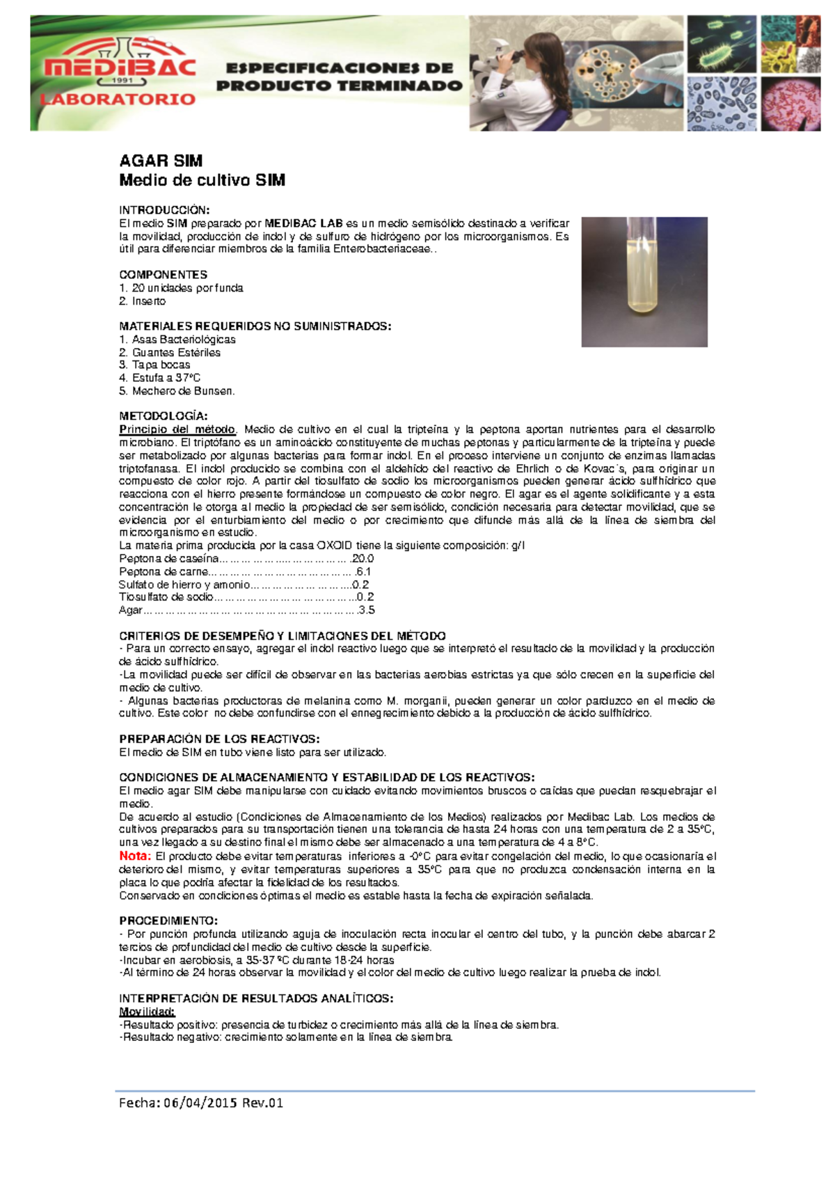 AGAR SIM Medibac LAB - fundamento del medio SIM - Fecha: 06/04/2015 Rev ...