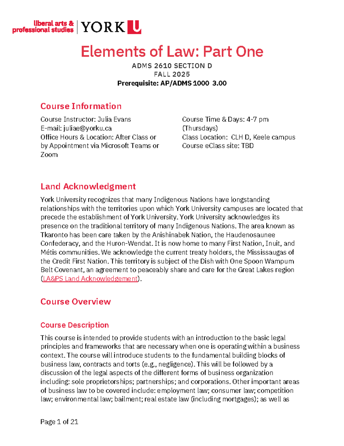 ADMS 2610 Elements of Law Course Outline - Fall 2025 - Studocu