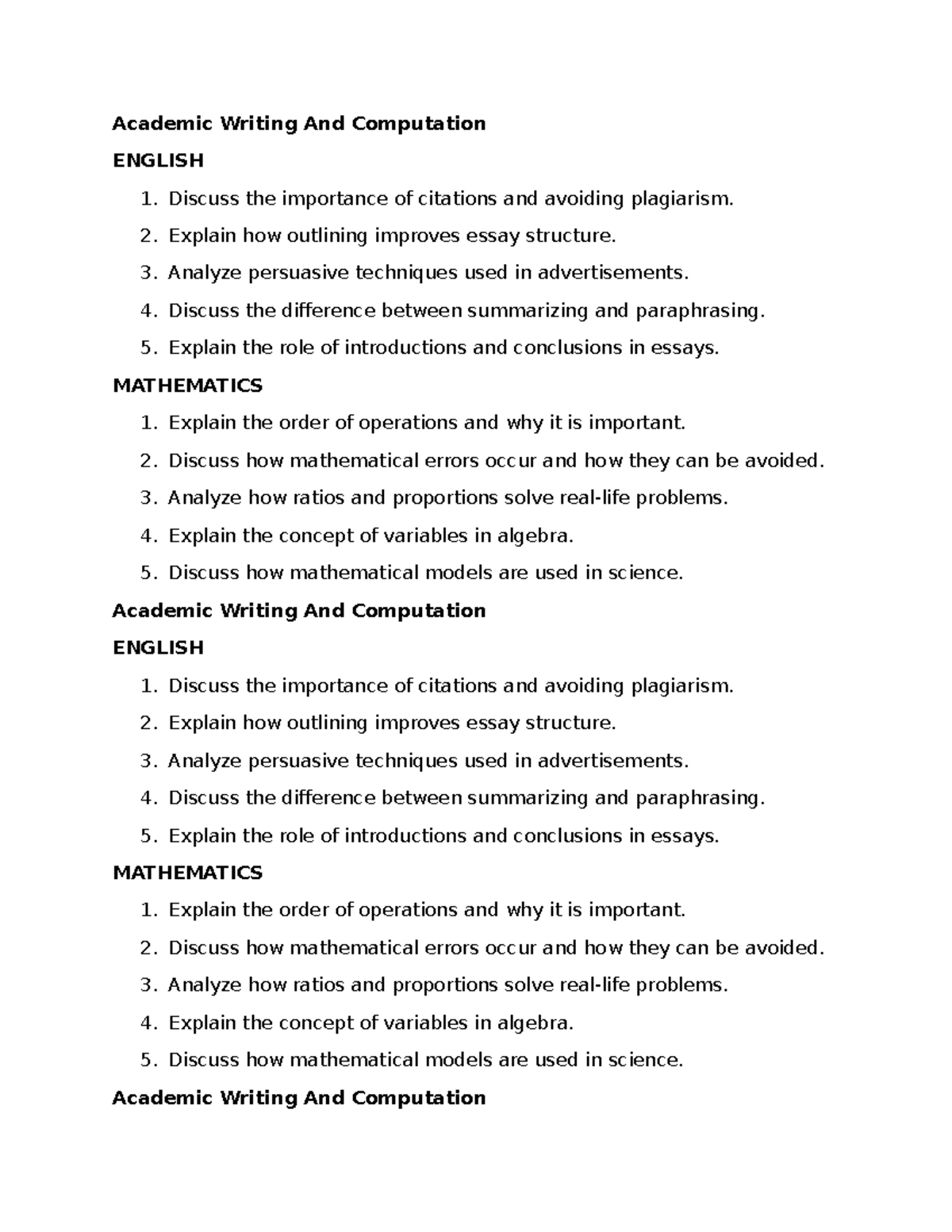 Academic Writing & Math Concepts: ENGLISH 1 & MATH 1 Insights - Studocu