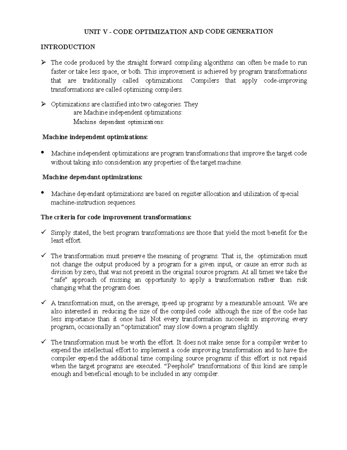 Compiler Design (CS101): Code Optimization & Generation Insights - Studocu