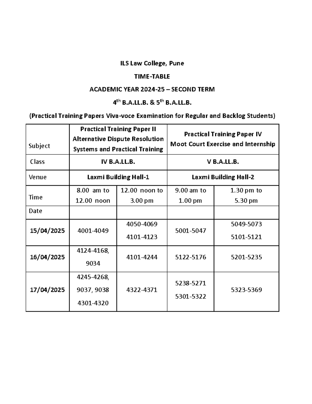 ILS Law College, Pune: April 2025 Practical Training Viva Timetable ...