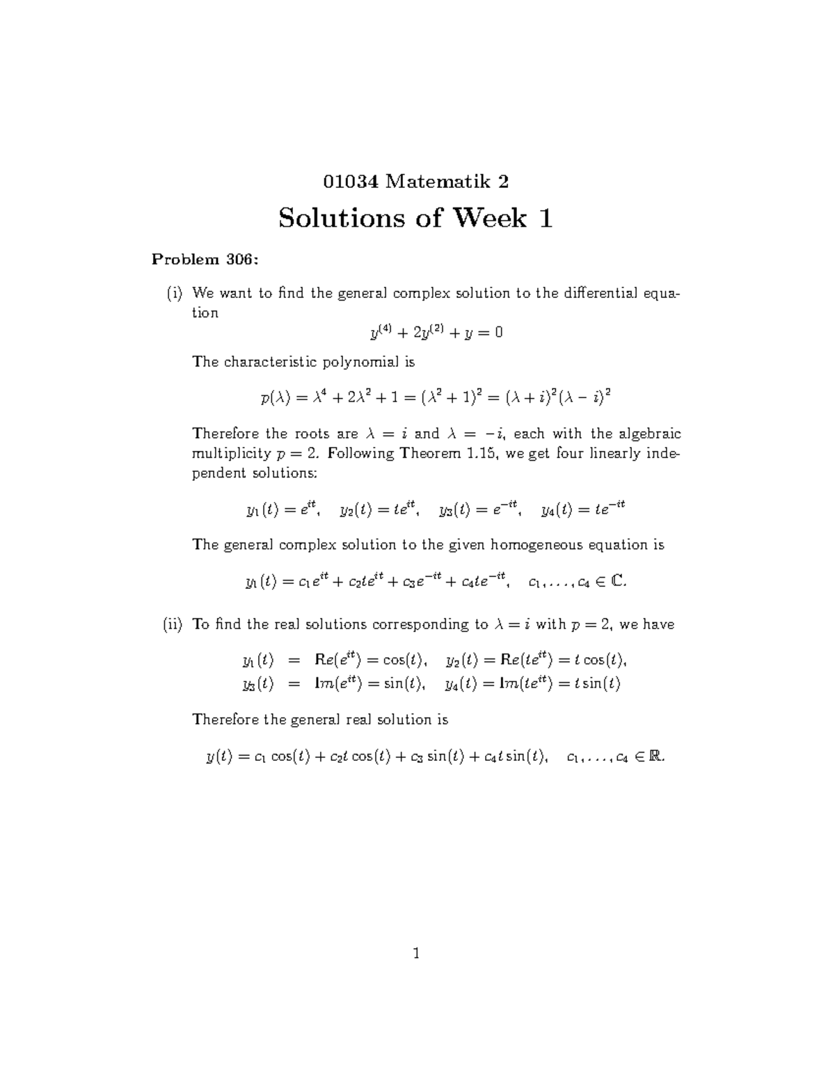 01034 Matematik 2 Week 1 Differential Equation Solutions - Studocu