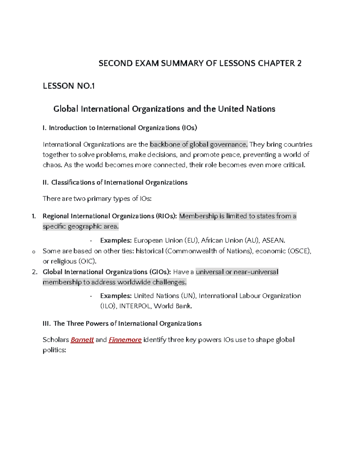 Exam 2 GE 3 Notes: Summary of International Organizations and ...