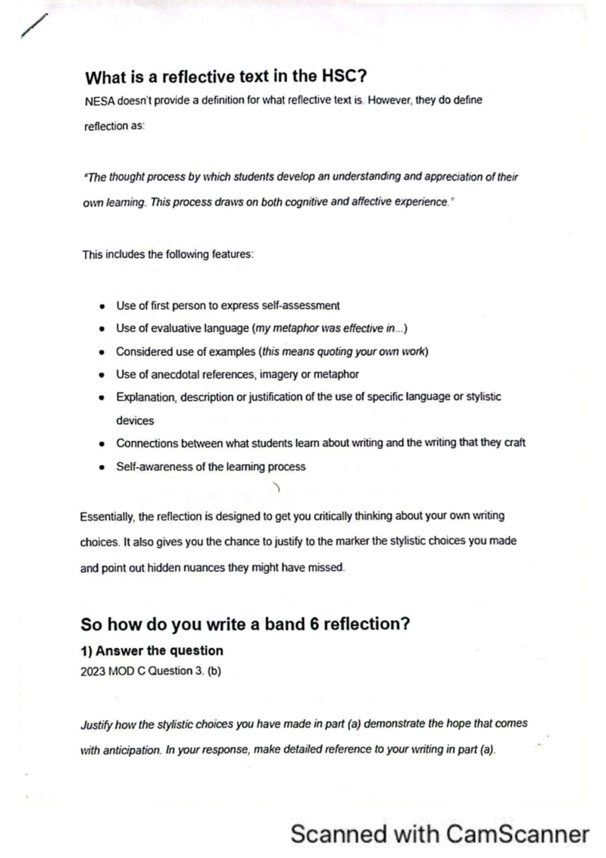 HSC Reflection Statements: Crafting a Band 6 Response - Studocu