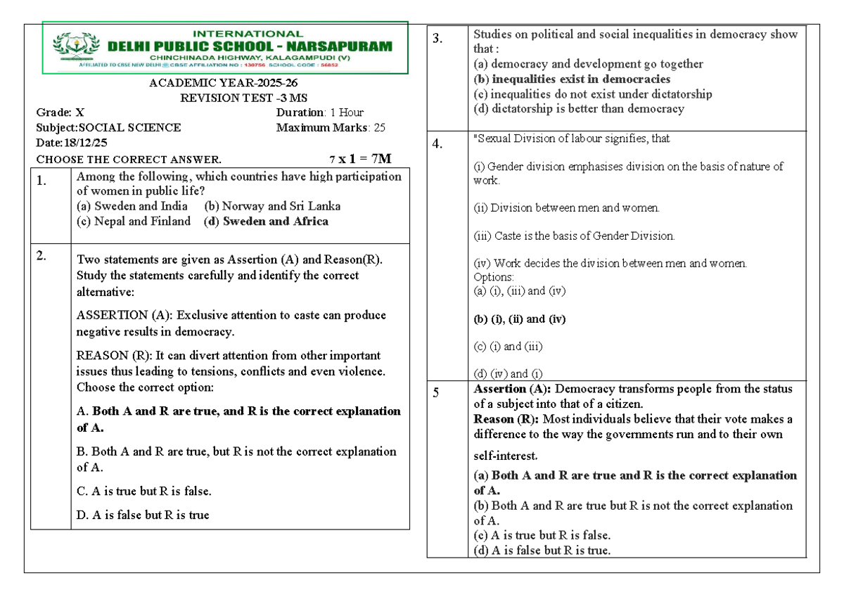 Civics TEST 2 MS - Grade X Social Science Revision Questions - Studocu
