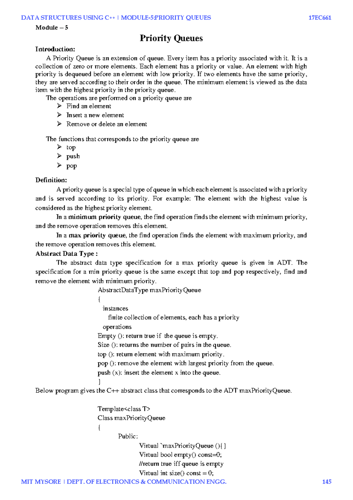 Priority Queues in Data Structures - 17EC661 Module 5 - Studocu