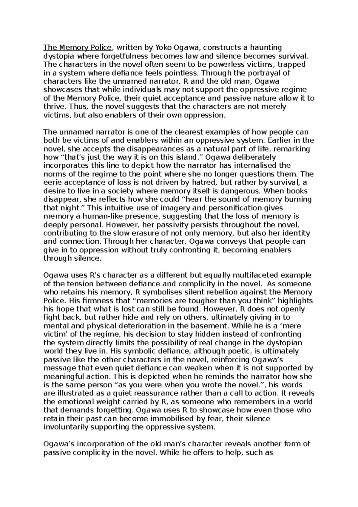 ENG 101: Essay on Dystopian Themes in "The Memory Police" - Studocu