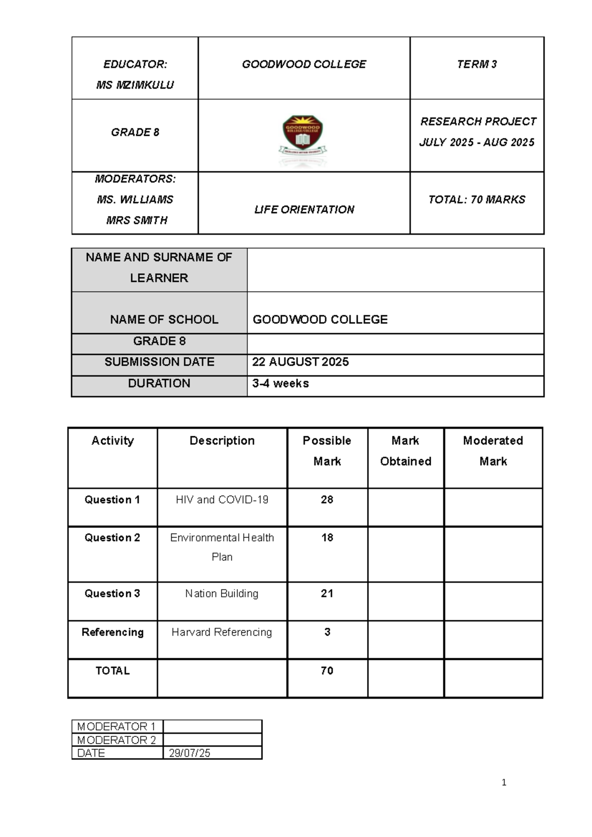 EDUCATOR: GRADE 8 LIFE ORIENTATION RESEARCH PROJECT (2025) - Studocu