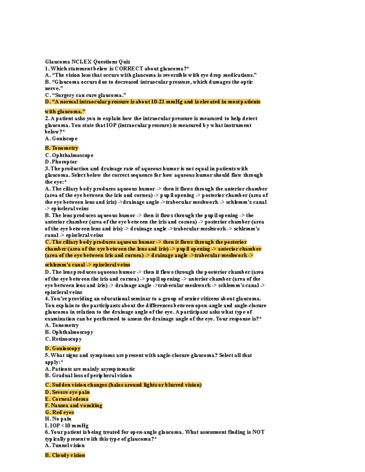 Glaucoma NCLEX Quiz: Key Questions for Nursing Students - Studocu