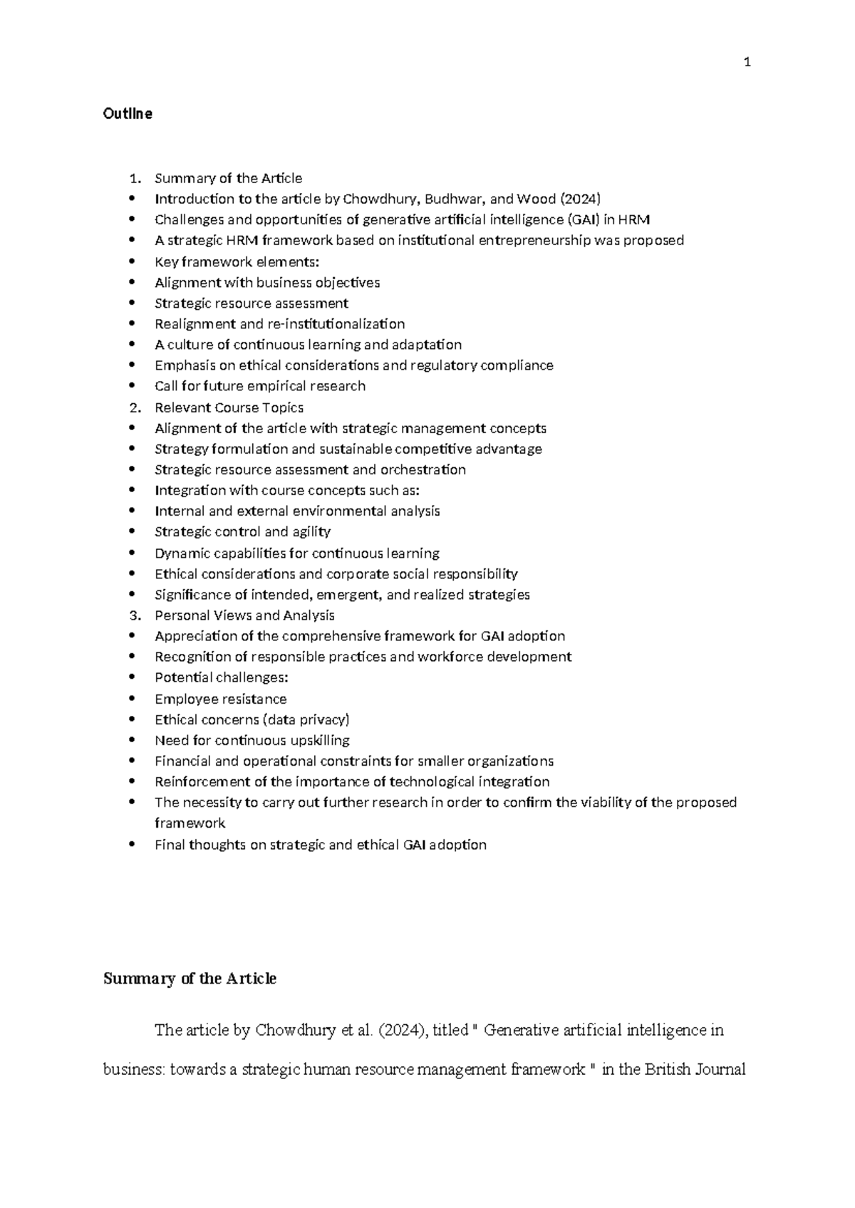 Strategic HRM Framework for GAI: Challenges & Opportunities (BUS 101 ...