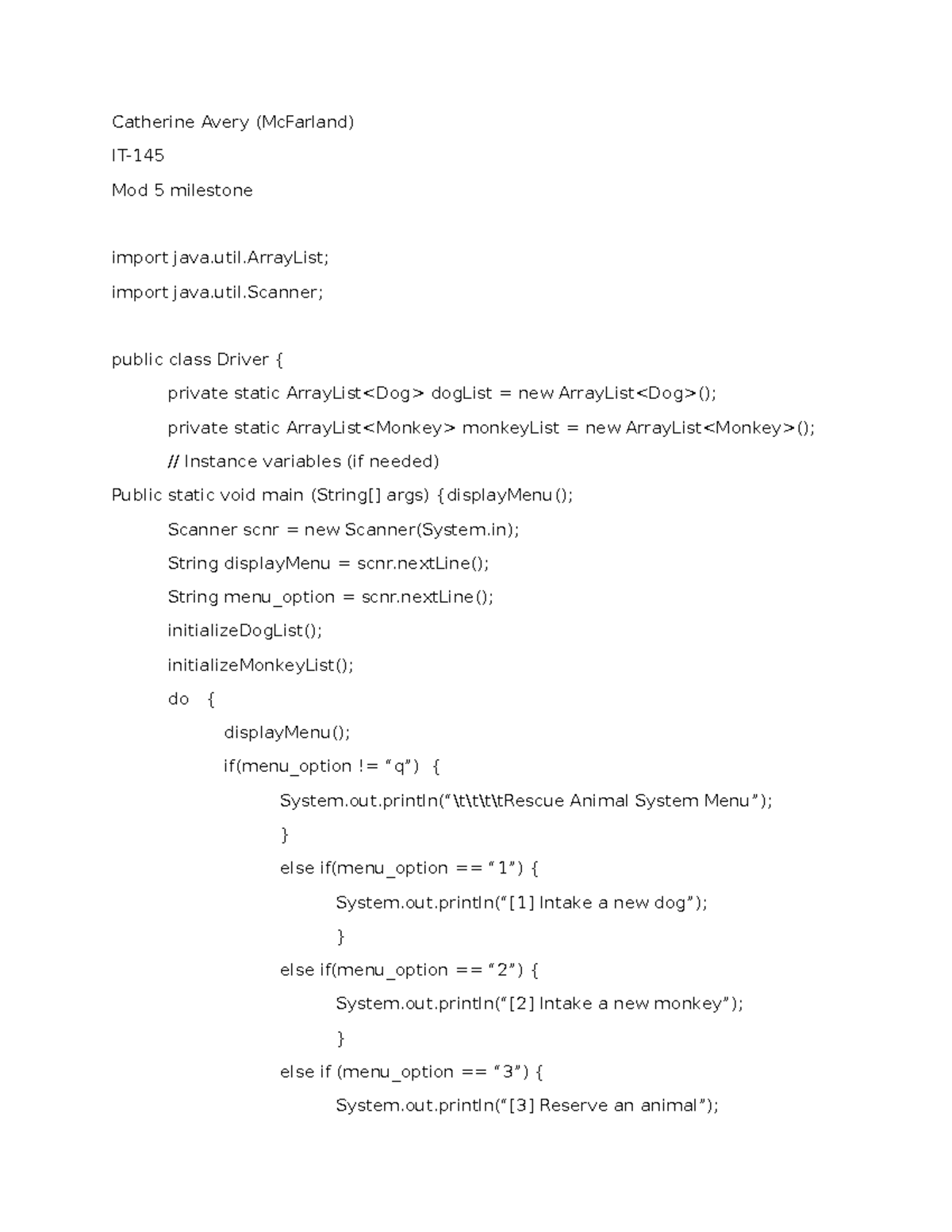 IT145 Mod 5 Milestone: Rescue Animal System Java Program - Studocu