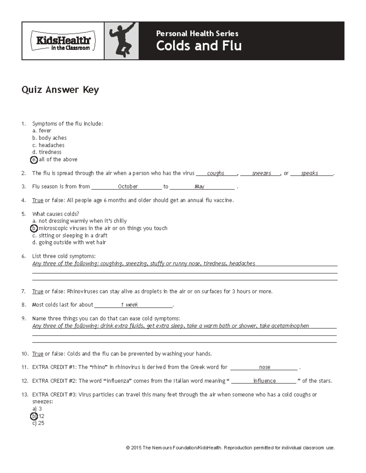 Personal Health Series: Colds and Flu Quiz Answer Key - Studocu