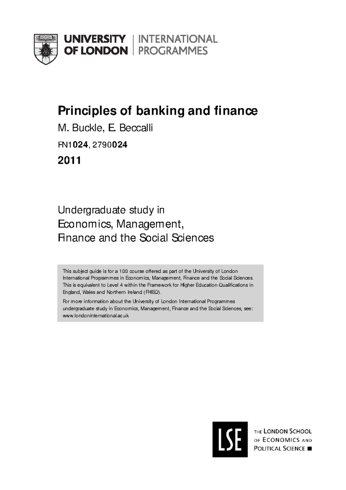 Principles of Banking & Finance FN1 024 Subject Guide (UOL) - Studocu