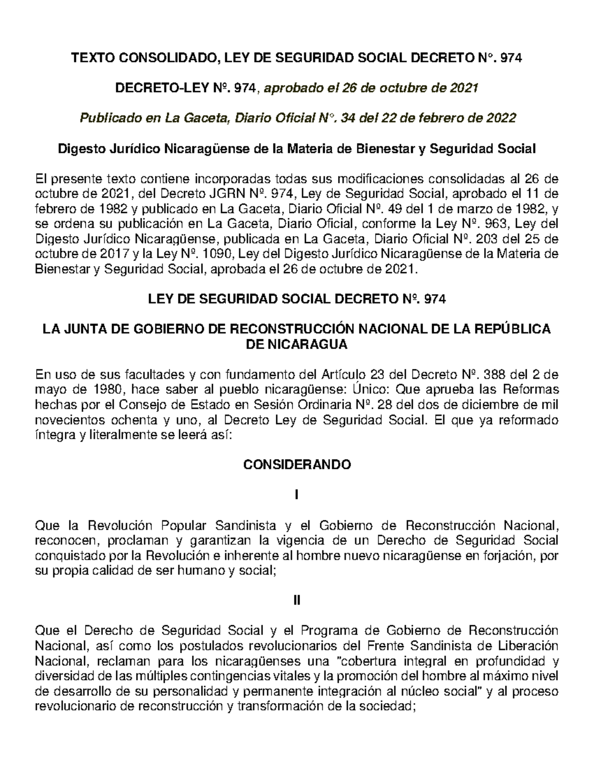 Ley de Seguridad Social y Modificaciones - Decreto Nº. 974 (2022) - Studocu