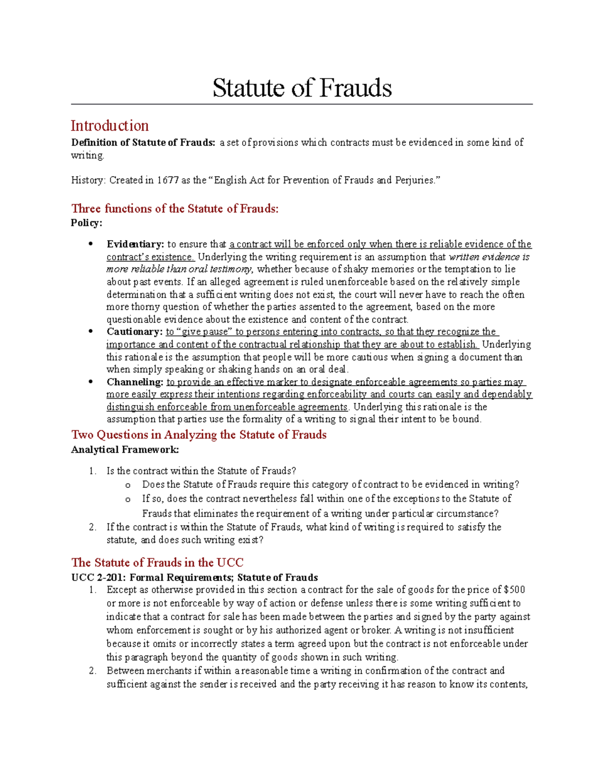 Contracts II - Study Outline - Statute of Frauds Introduction ...