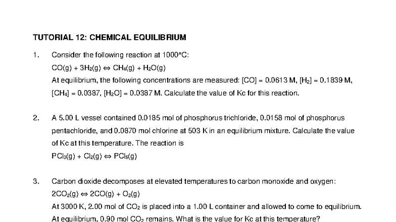 Tutorial 12: Chemical Equilibrium Calculations and Kc Values - Studocu
