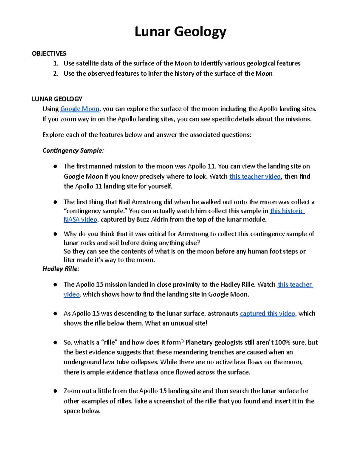 Lunar Geology Lab Assignment: Analyzing Moon Features and Missions ...