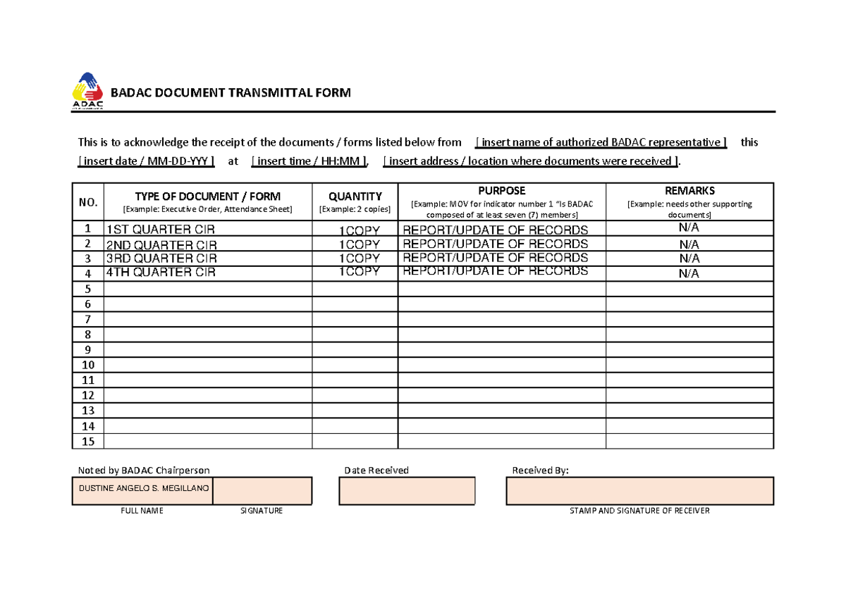 CIR 3.1.8: BADAC Document Transmittal Form Template - Studocu