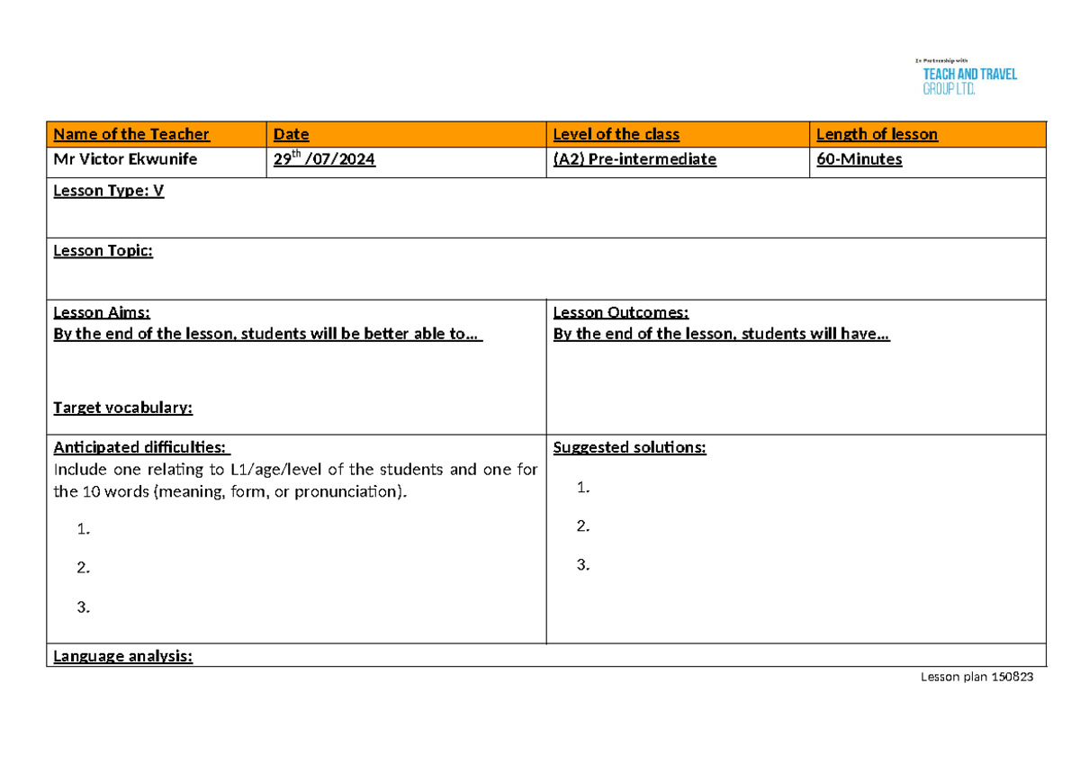 1692174233 2 - Assignment for A2 Pre-intermediate Lesson Plan - Studocu