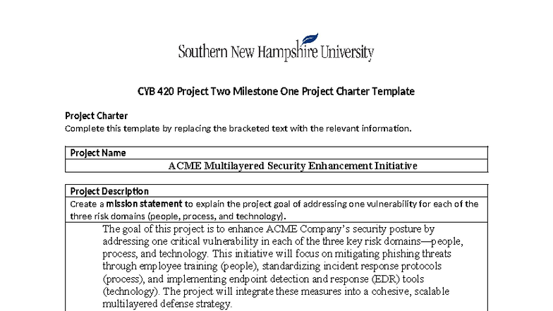 CYB 420 Project Two Milestone One: ACME Security Enhancement Charter ...