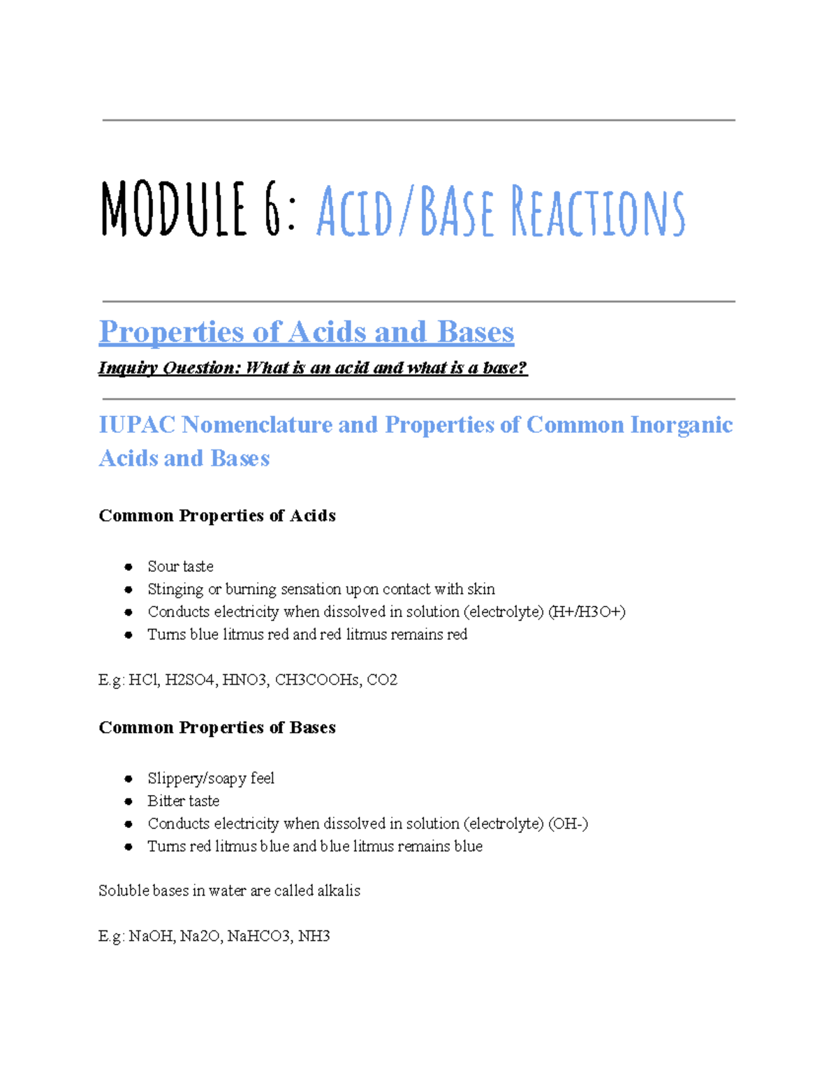 Module 6 Chemistry Notes - MODULE 6: Acid/BAse Reactions Properties of ...