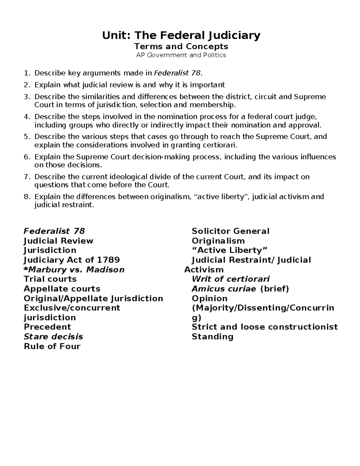 AP Government & Politics: Federal Judiciary Terms & Concepts - Studocu