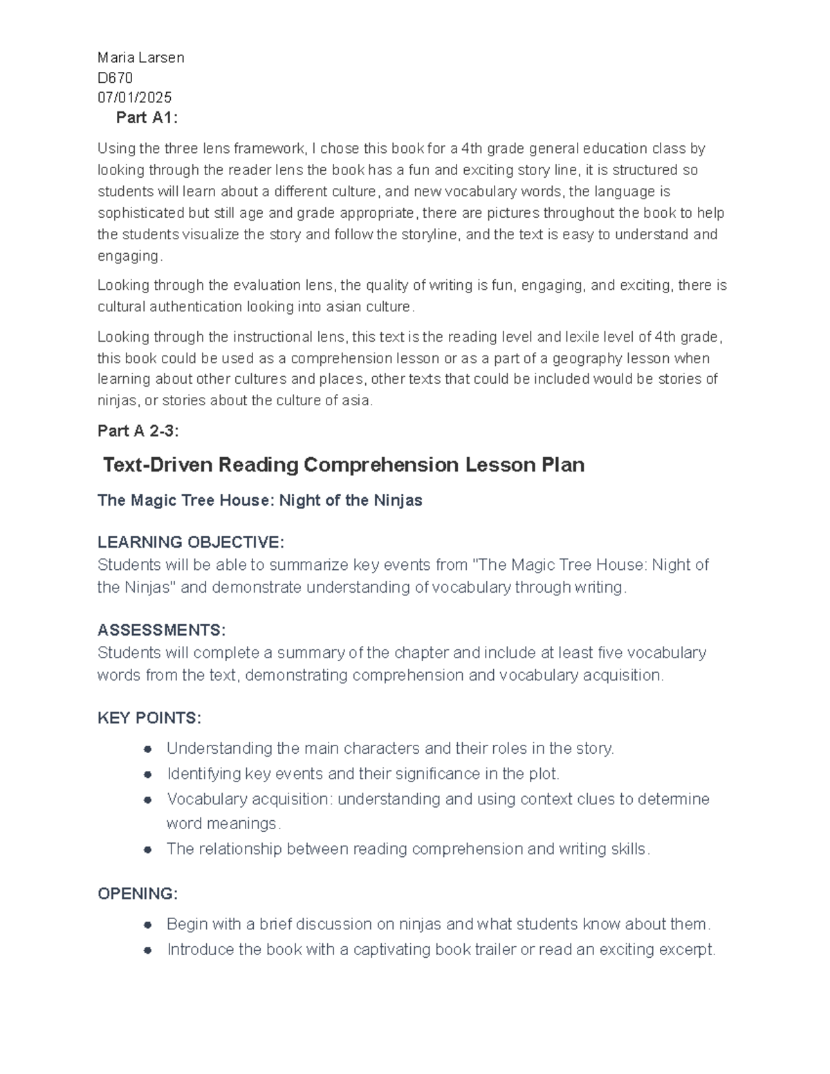 D670 Part A1: Reading Comprehension Lesson Plan for 4th Grade - Studocu