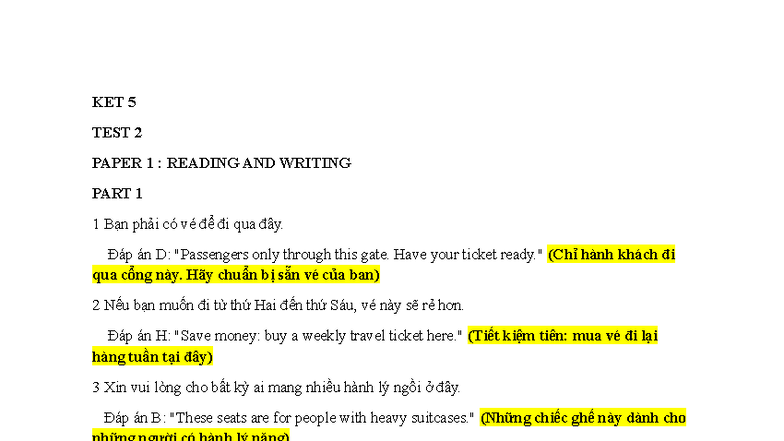 KET 5 TEST 2 PAPER 1: READING AND WRITING EXERCISES - Studocu