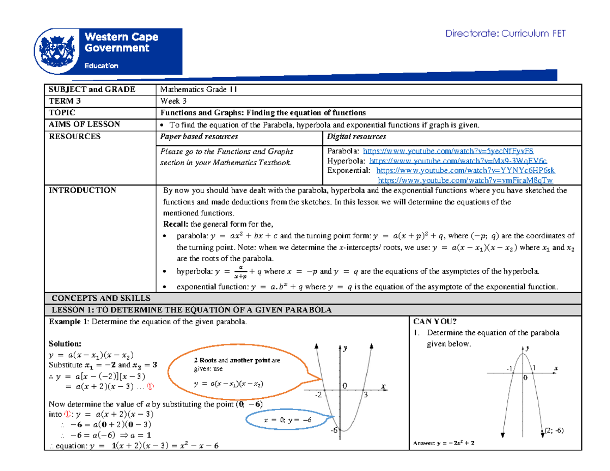 Mathematics Grade 11 Term 3 Week 3: Functions & Graphs Lesson Notes ...